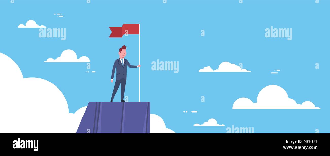 Business Man With Flag On Mountain Top, Leader Businessman, Leadership ...