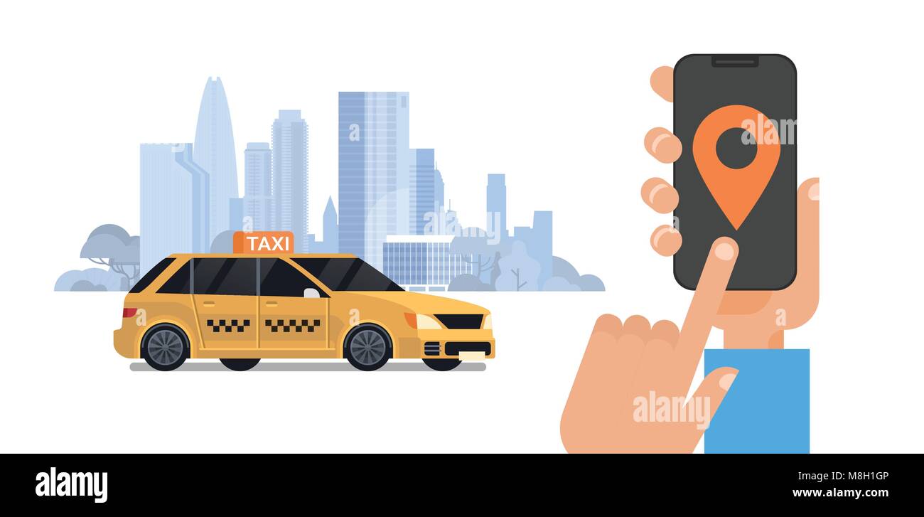 Taxi Service, Hand Holding Smart Phone Order Cab With Mobile App Over ...