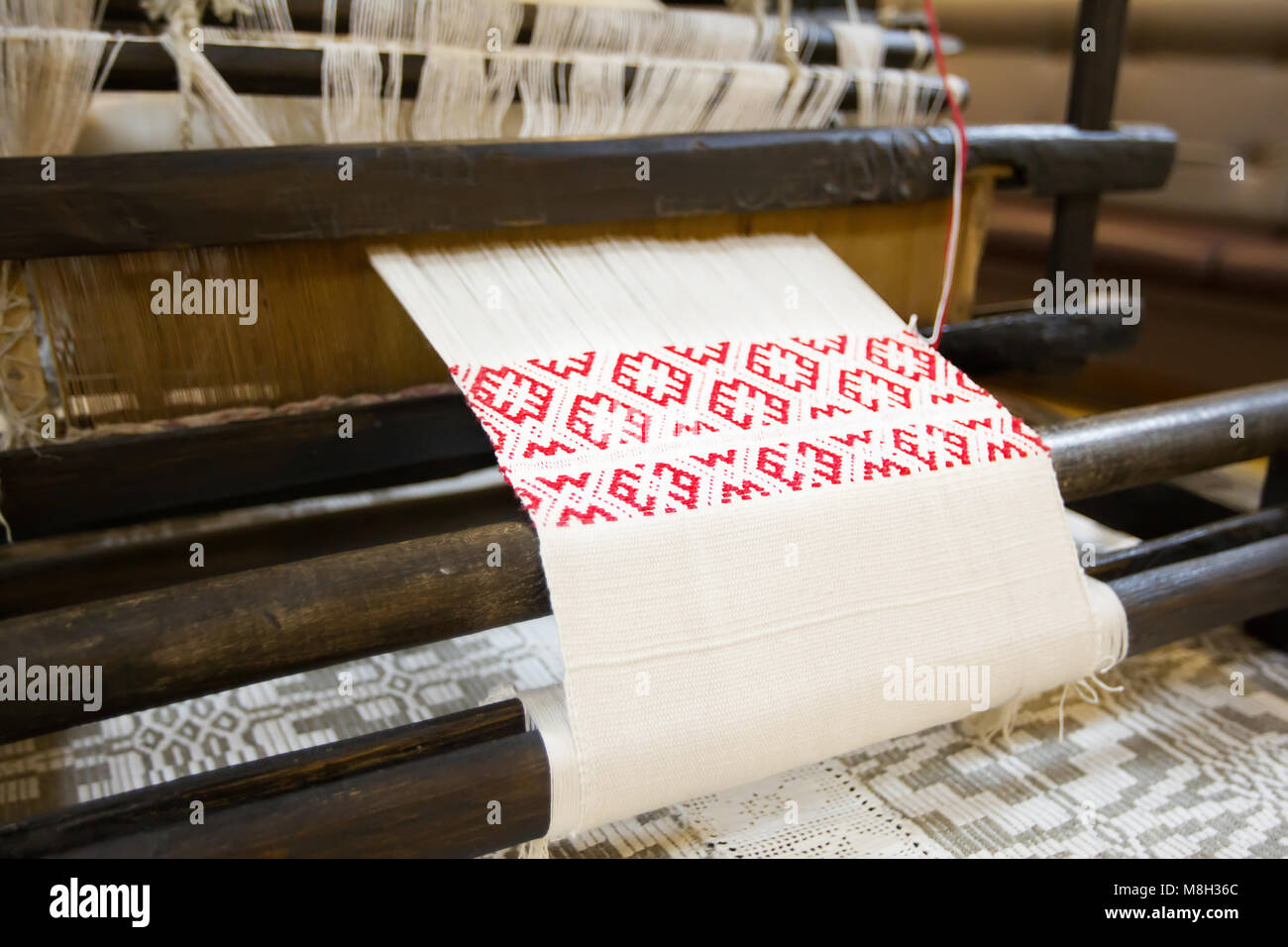An old machine for weaving towels. Spinning machine. The Belarusian ...