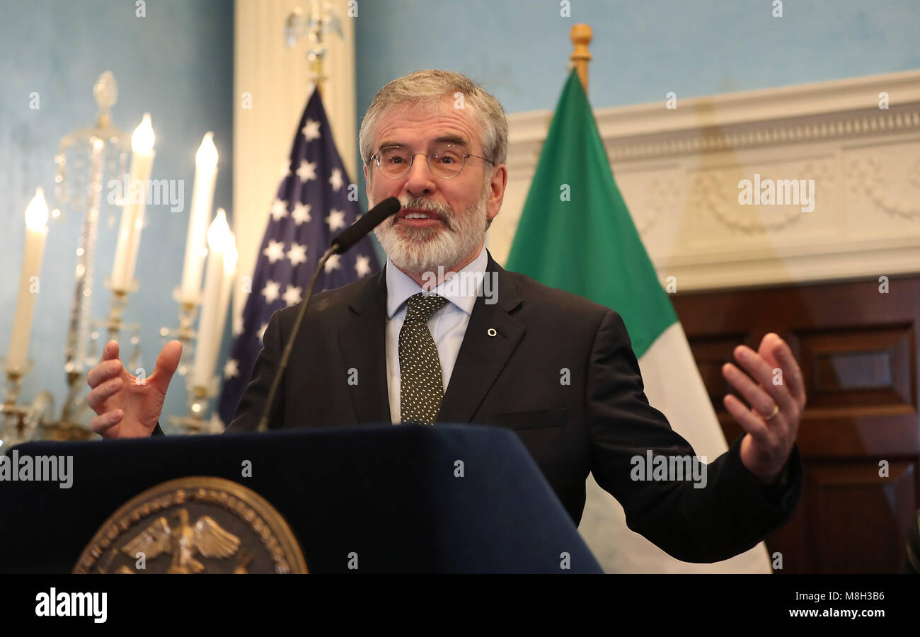 Gerry Adams speaking at a St Patrick's Day breakfast event at Gracie ...