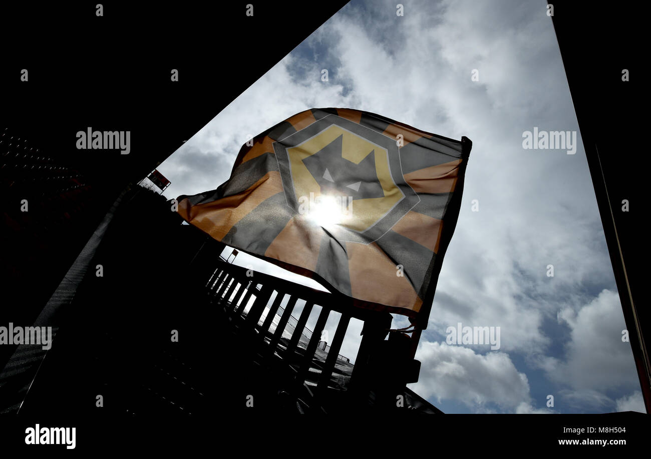 A Wolverhampton Wanderers flag flies in the stands at the Molineux ...