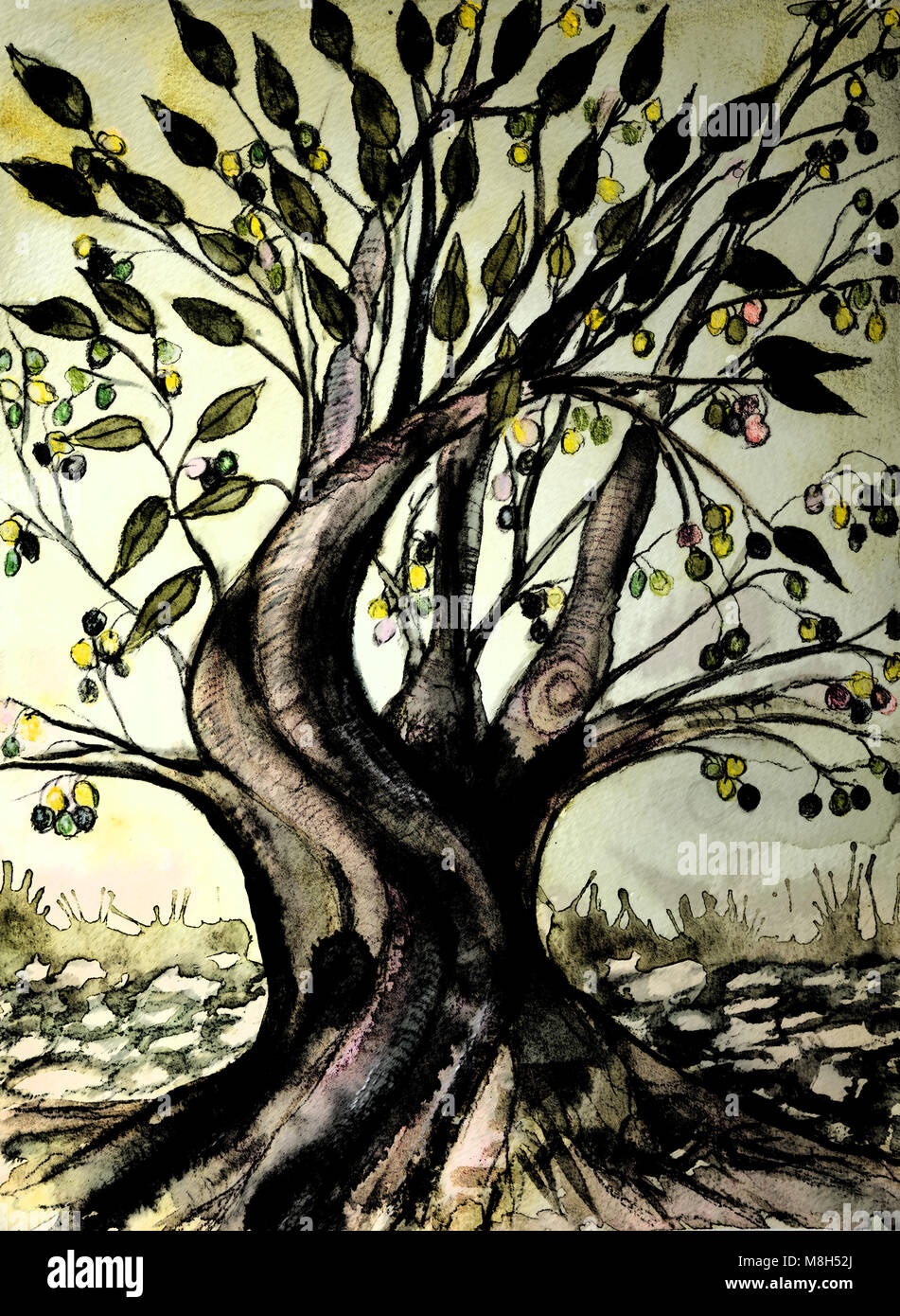 Gloomy olive tree in winter. The dabbing technique gives a soft focus ...