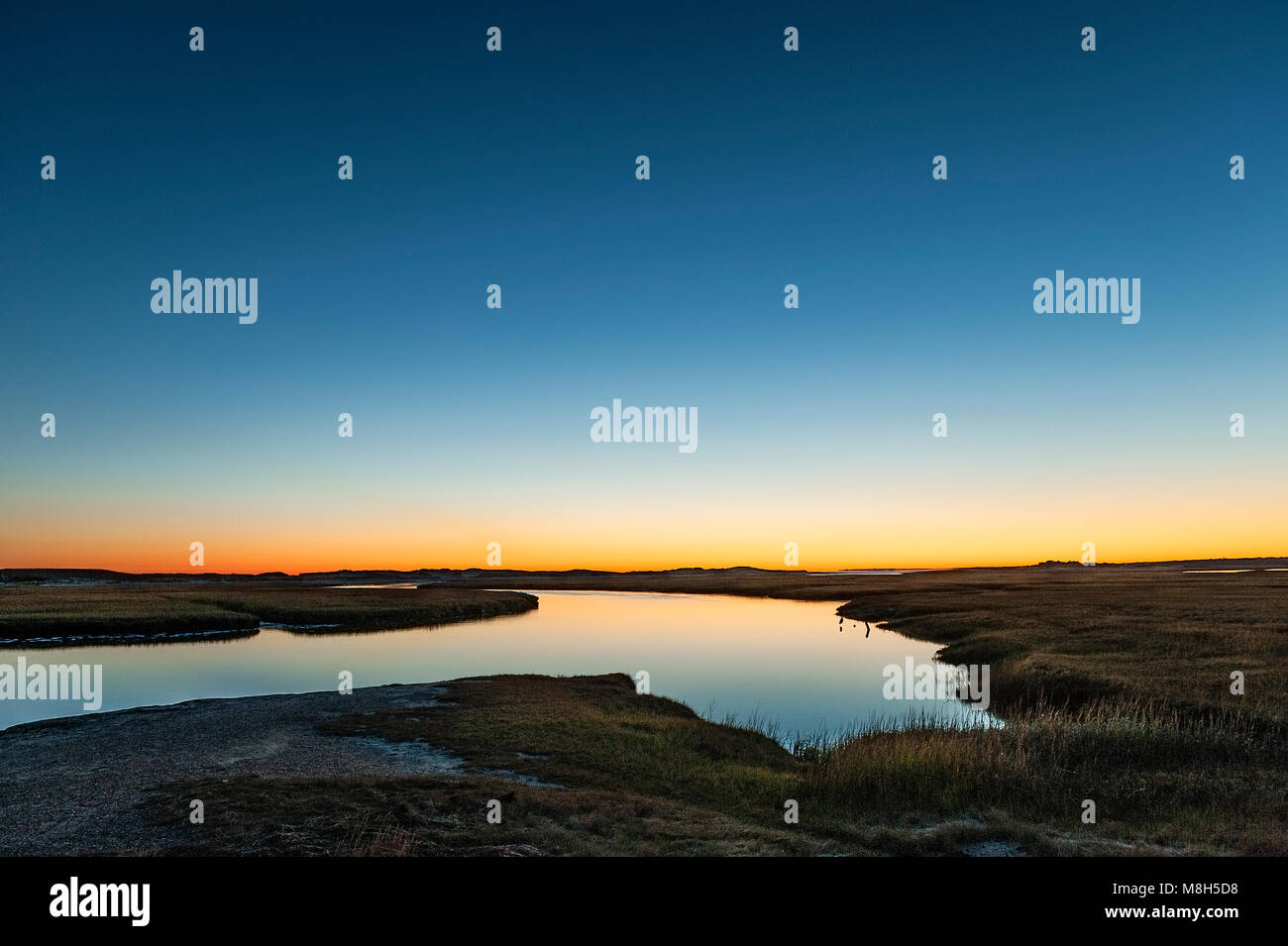 Sunrise over wetland salt pond, Sandwich, Cape Cod, Massachusetts, USA ...