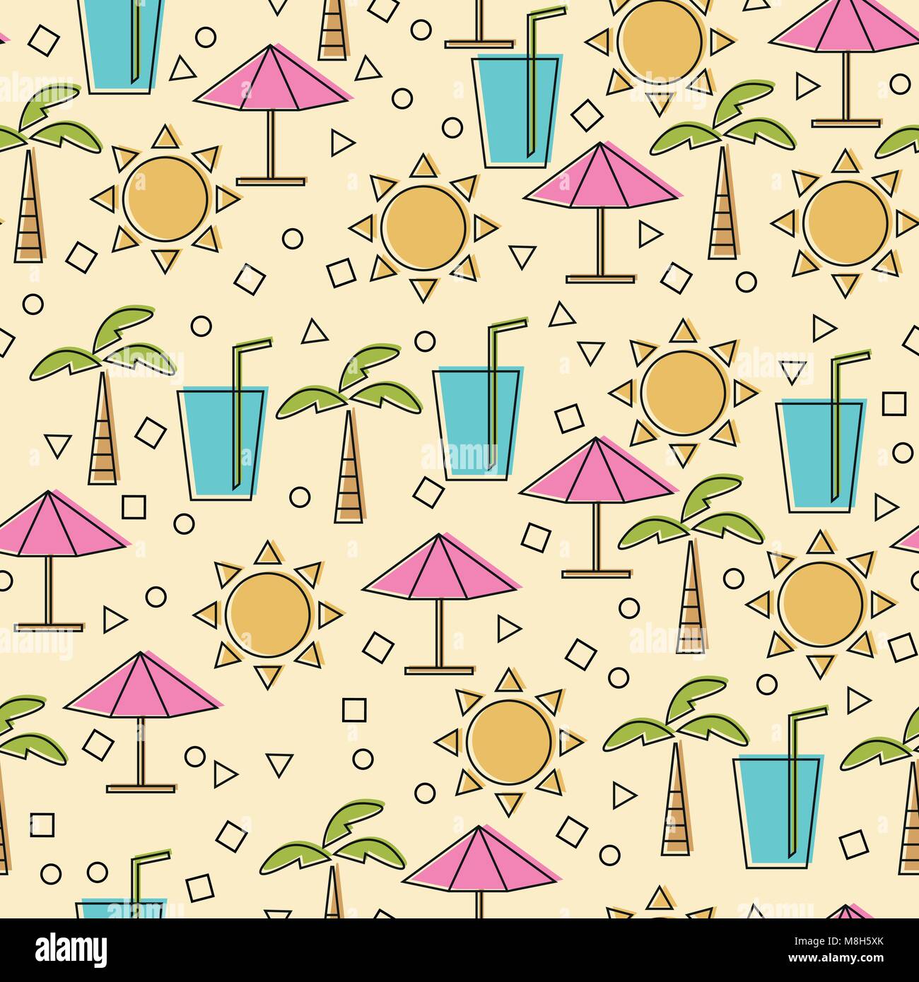 Seamless pattern with summer elements in thin line style. Vector line ...