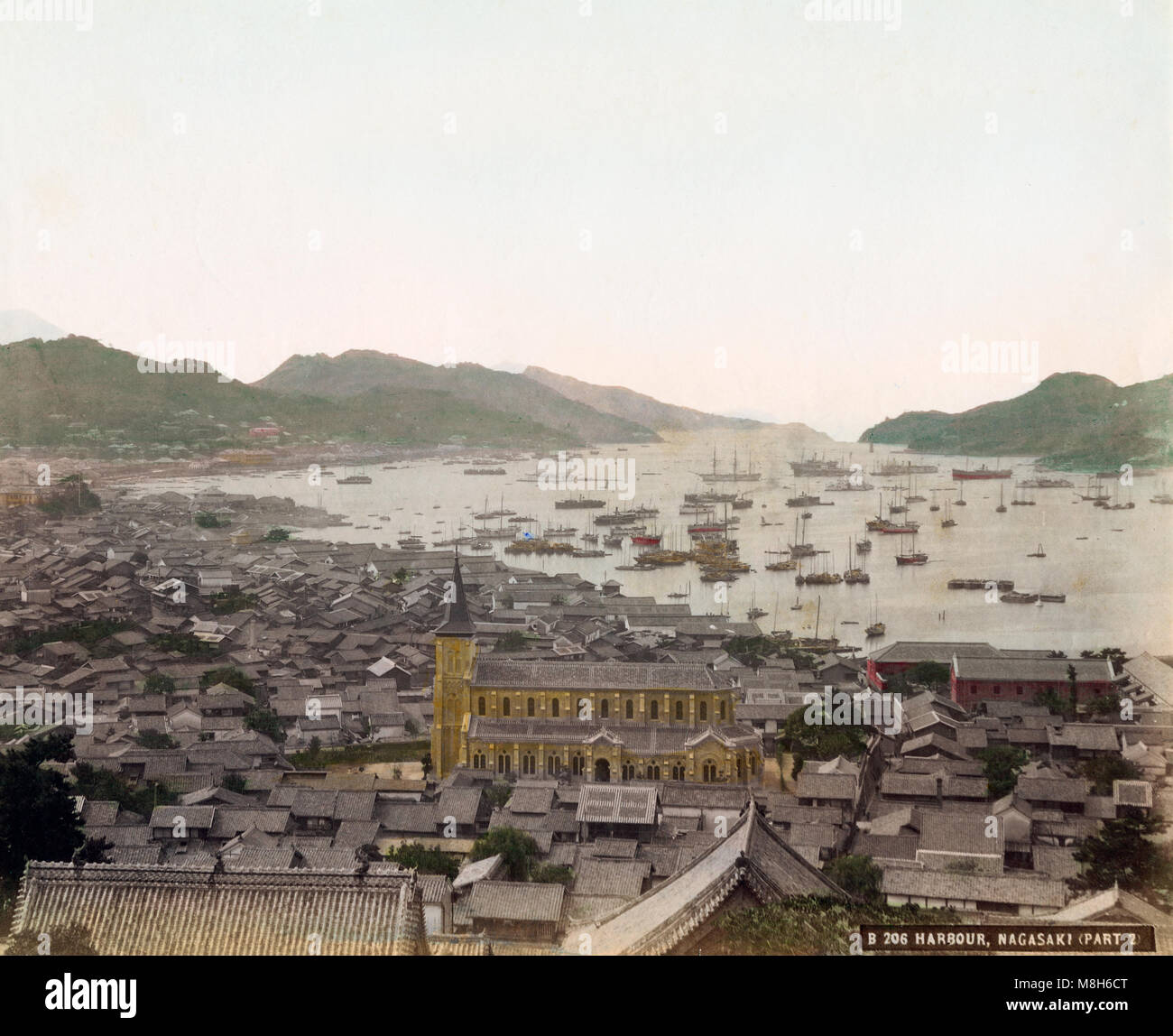 c.1890s - Japan - harbour at Nagasaki with cathedral in the foregound ...