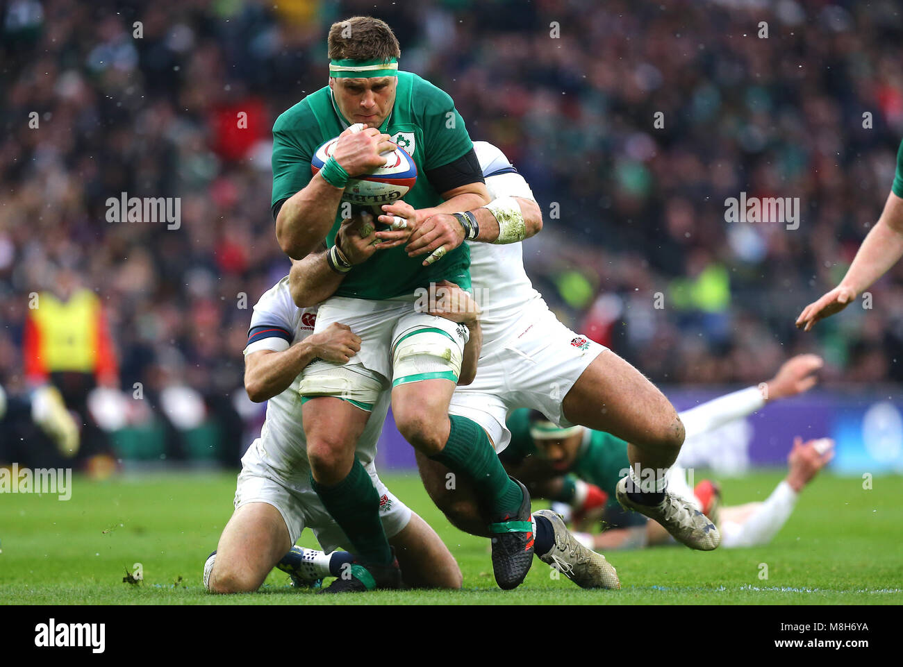 Ireland's CJ Stander (centre) scores his side's second try during the ...