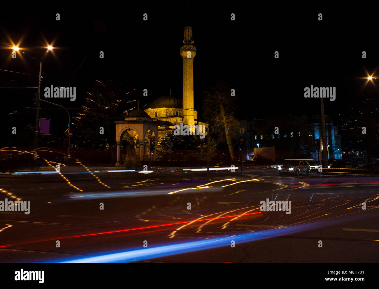 Night view of the Ali Pasha's Mosque or Ali Pasha Mosque in Sarajevo ...