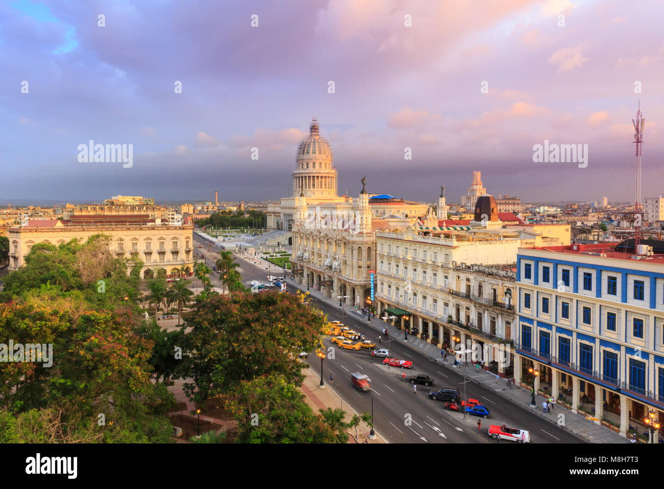 Panoramic view of Old Havana at sunset over Parque Central andPaseo de ...