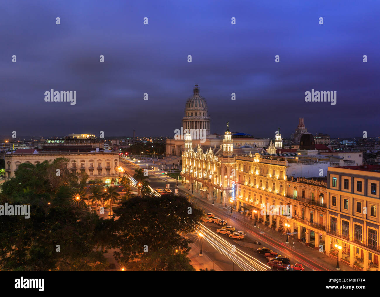 Night view of El Capitolio, Gran Teatro de la Habana, Parque Central ...