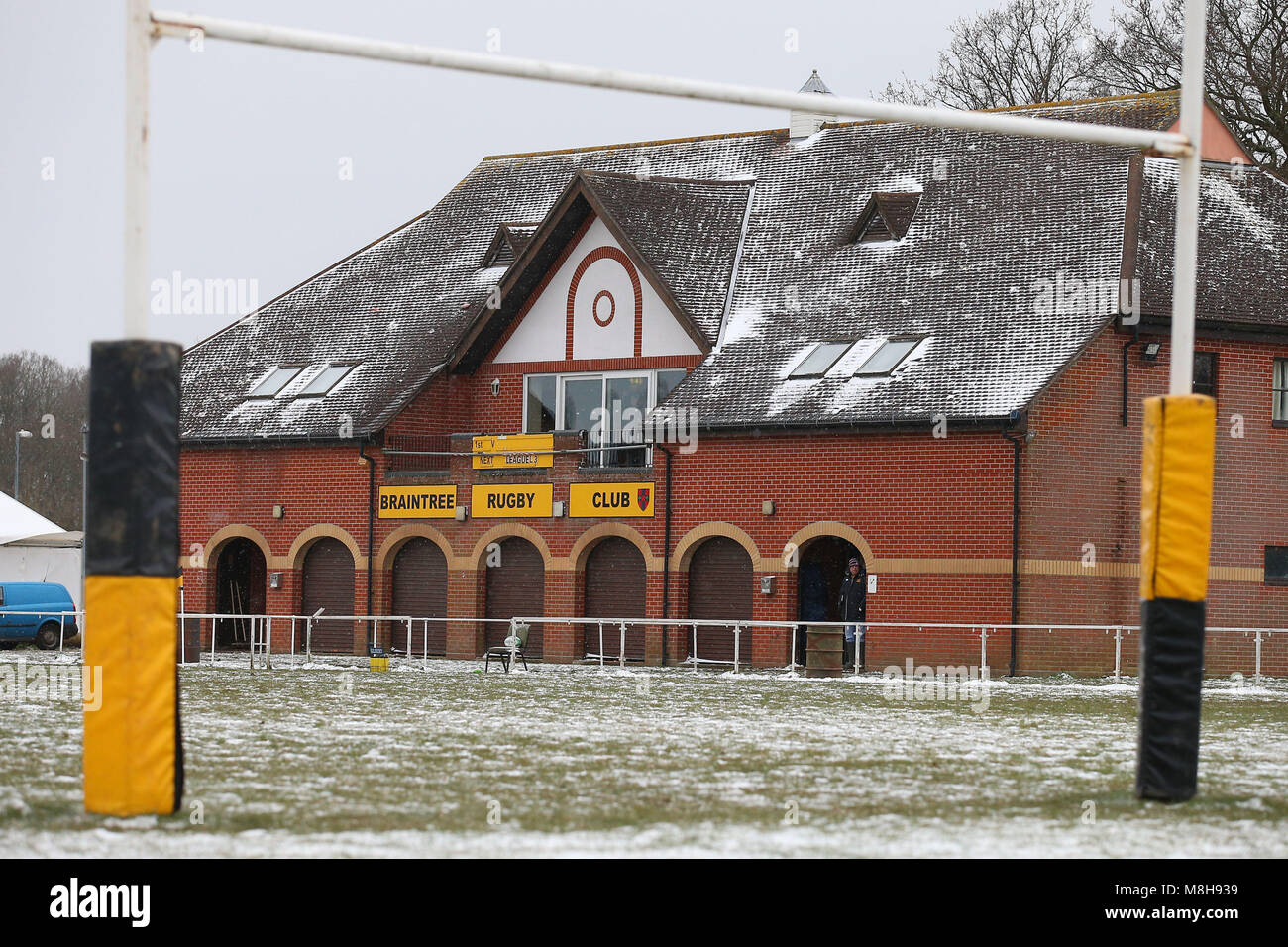 Snow on the pitch during Braintree RFC vs East London RFC, London 3 ...