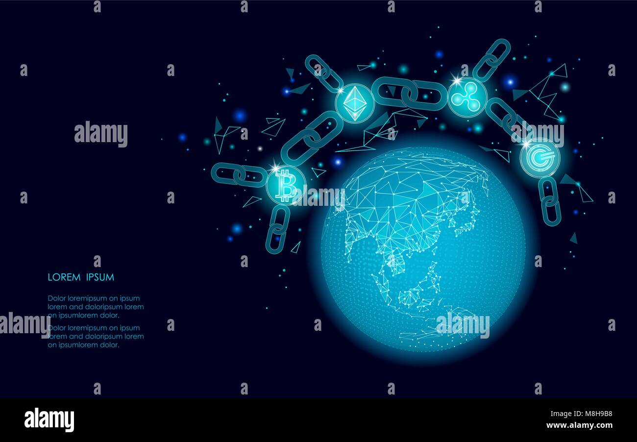 Ethereum Bitcoin Ripple coin digital cryptocurrency global planet Earth. Big data information ...