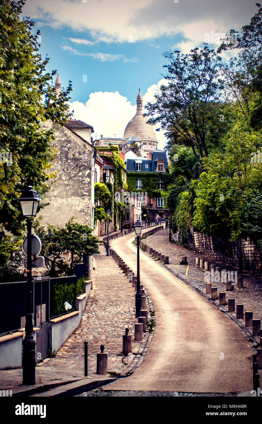 View of curvy road running away among paved sidewalks and green trees ...