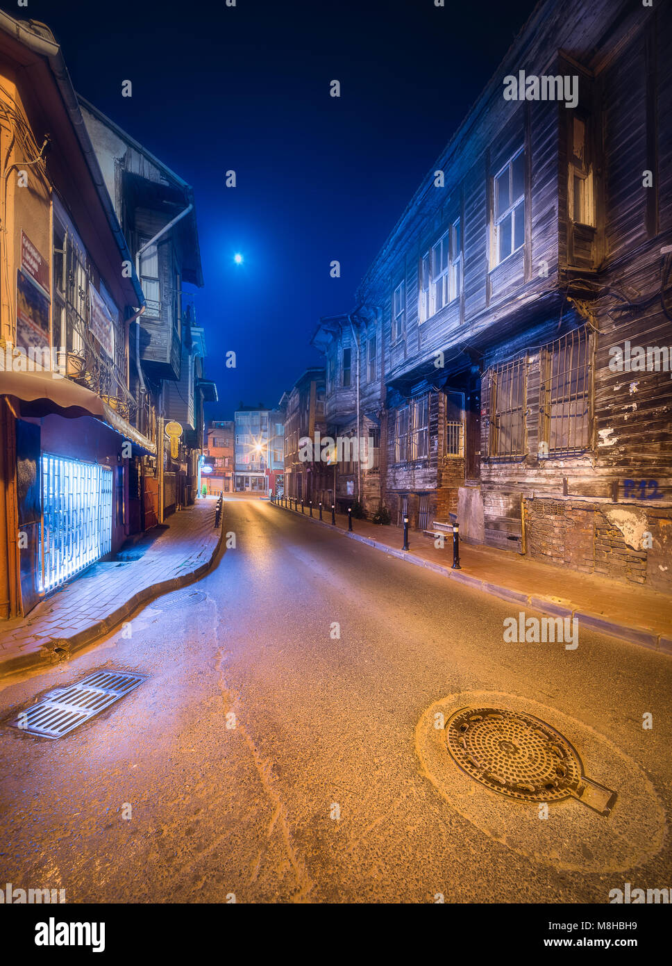 Old streets of Istanbul by night Istanbul with moon light, Turkey Stock ...
