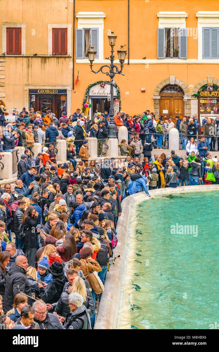 ROME, ITALY, JANUARY - 2018 - Crowded urban scene at fontana di trevi ...