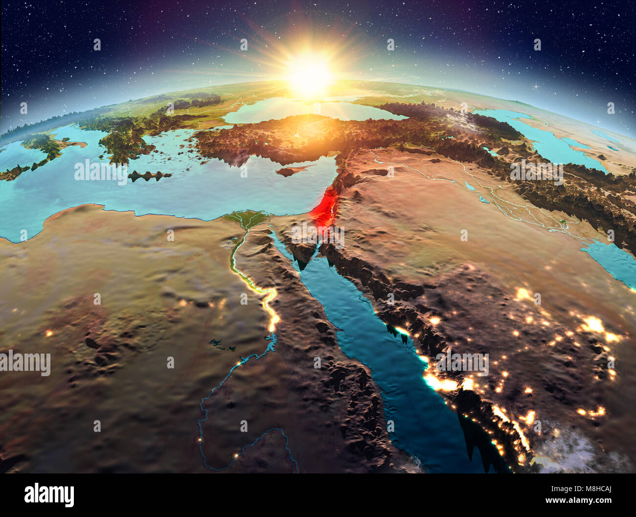 Satellite view of Israel highlighted in red on planet Earth with clouds during sunrise. 3D ...
