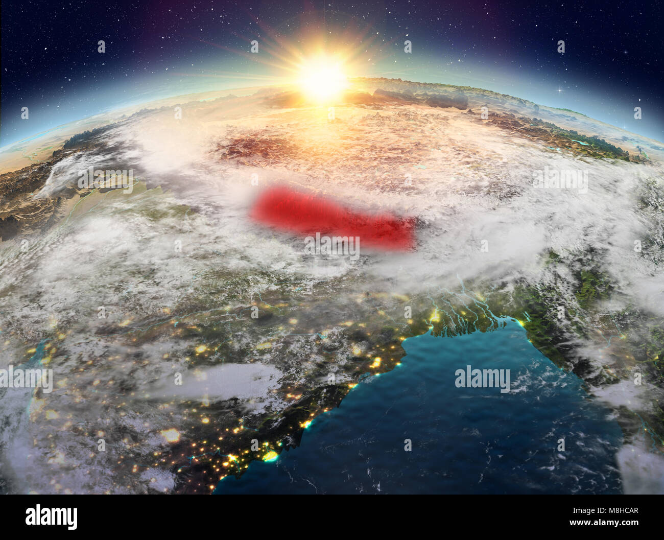Satellite view of Nepal highlighted in red on planet Earth with clouds during sunrise. 3D ...