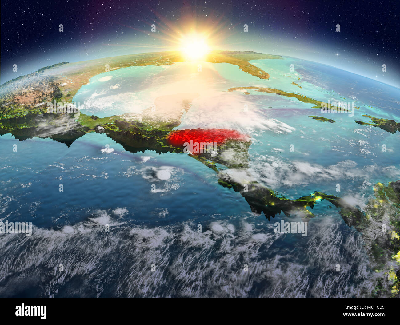 Satellite view of Honduras highlighted in red on planet Earth with clouds during sunrise. 3D ...