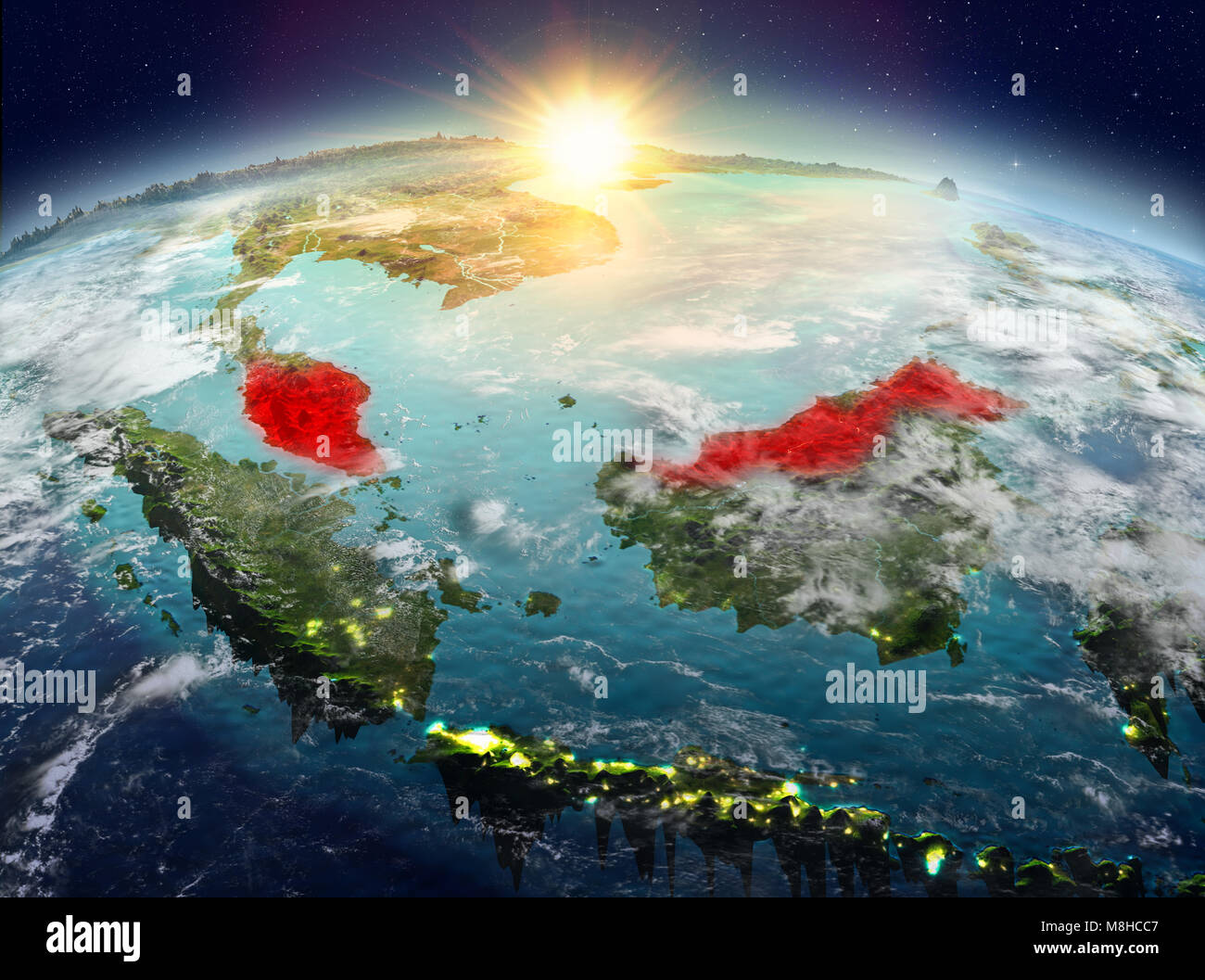 Satellite view of Malaysia highlighted in red on planet Earth with ...