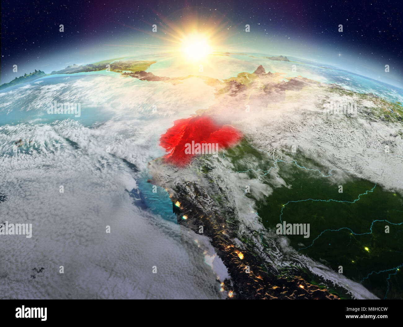 Satellite view of Ecuador highlighted in red on planet Earth with clouds during sunrise. 3D ...