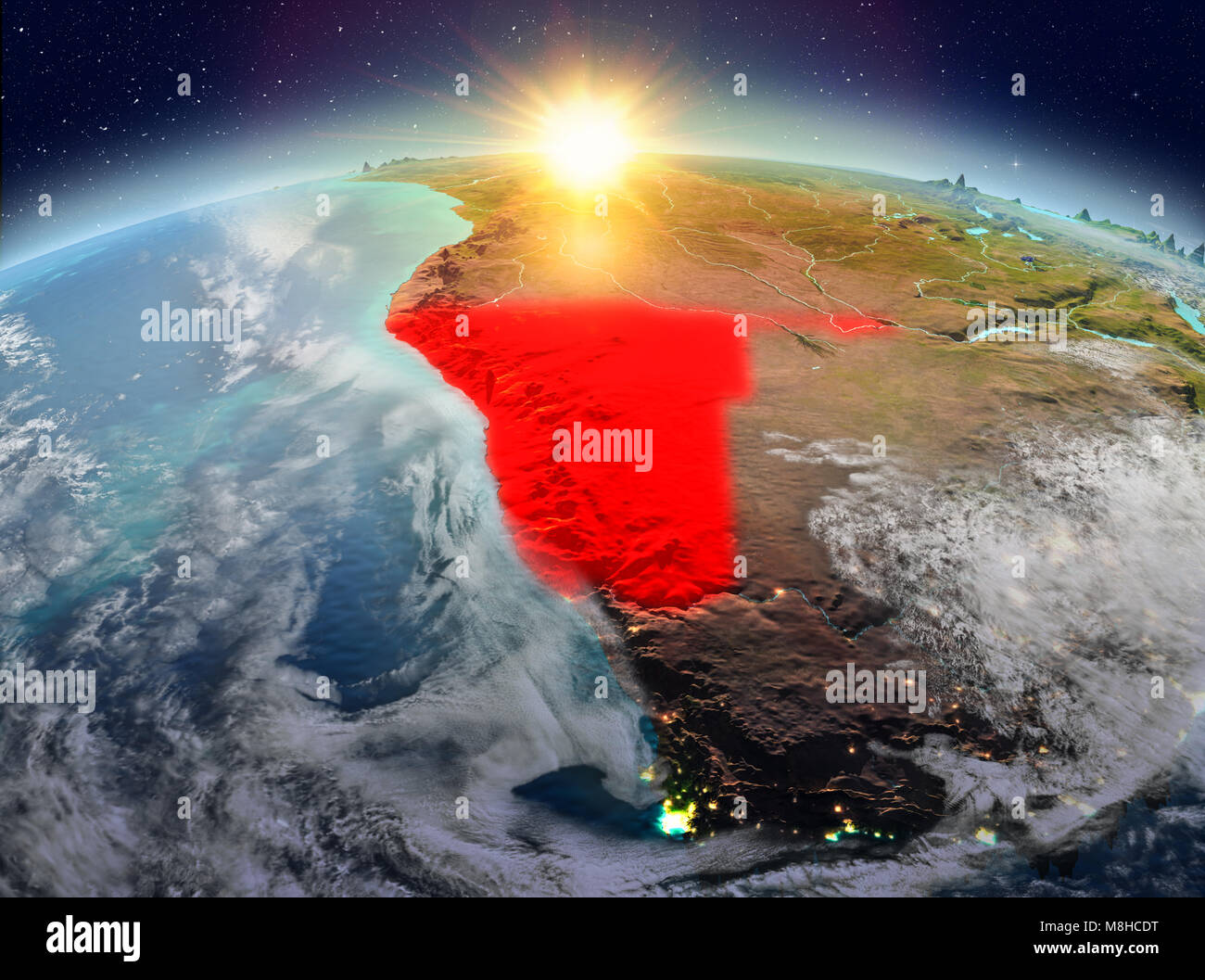 Satellite view of Namibia highlighted in red on planet Earth with ...