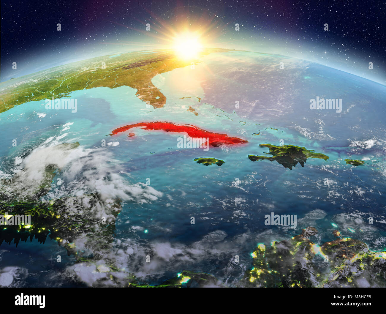 Satellite view of Cuba highlighted in red on planet Earth with clouds ...