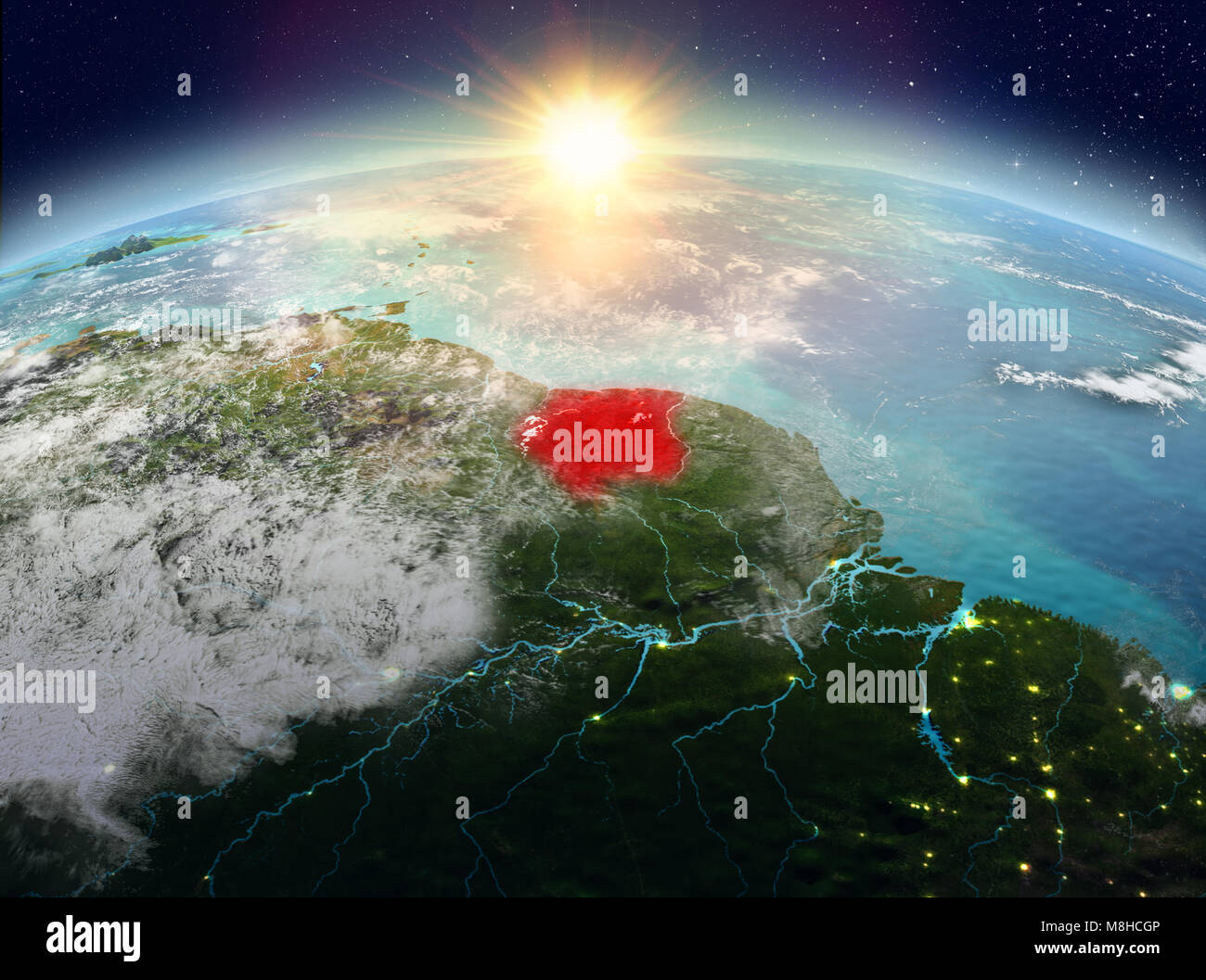 Satellite view of Suriname highlighted in red on planet Earth with ...