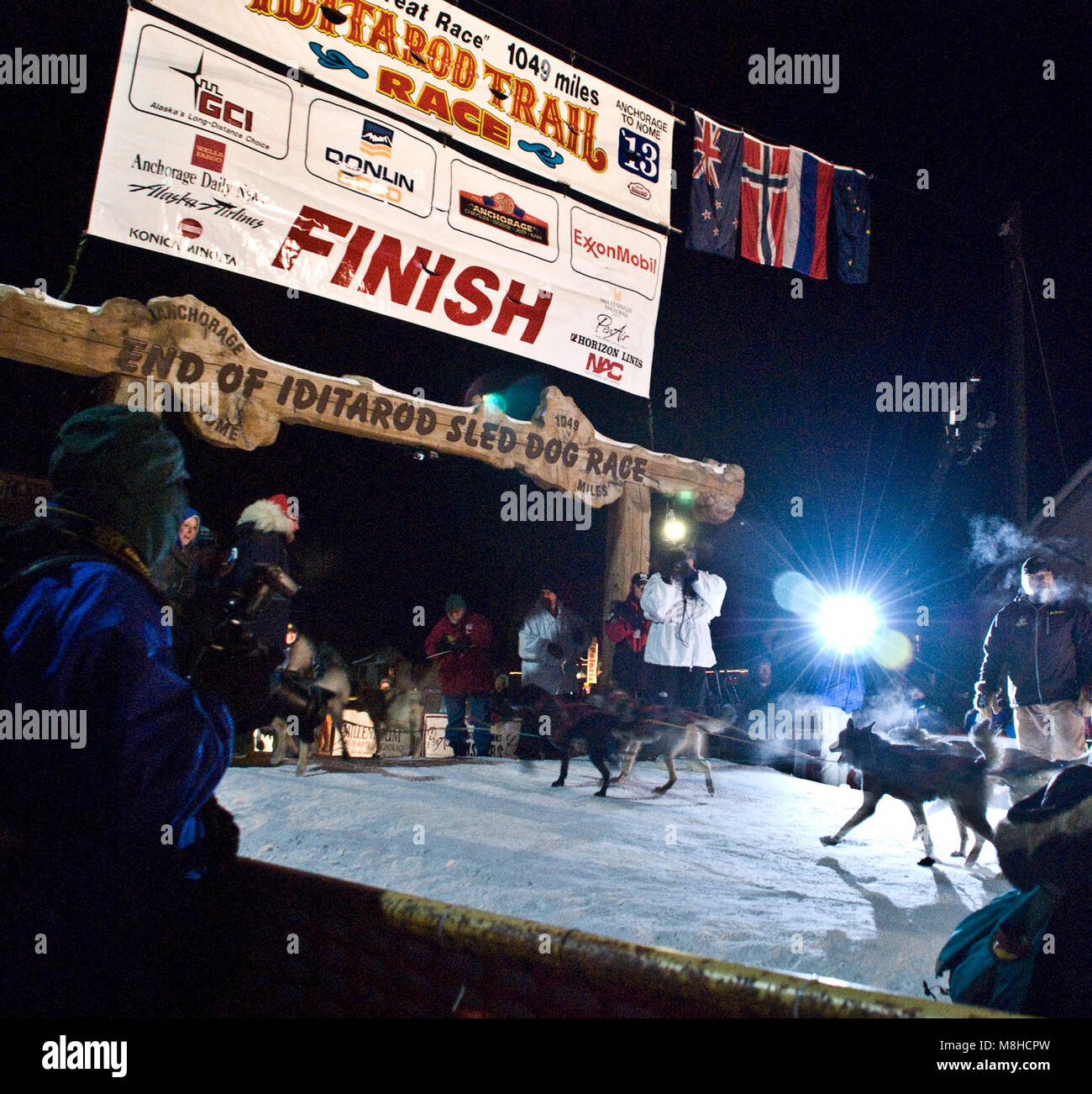 Iditarod. Jeff King's team pulls up under the burled arch late at night ...