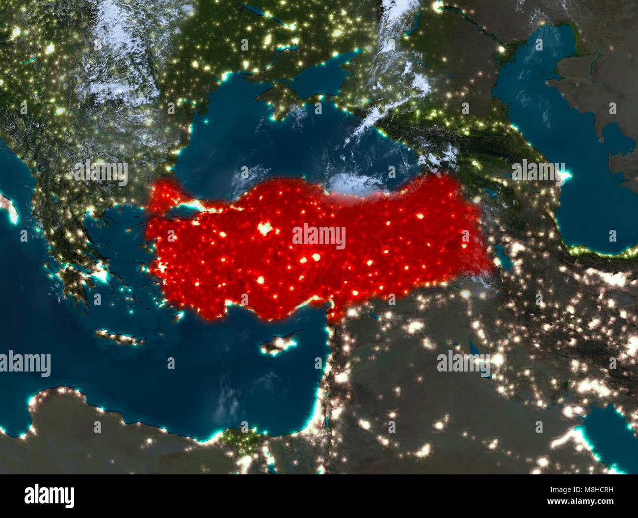 Country of Turkey in red on planet Earth with clouds at night. 3D ...