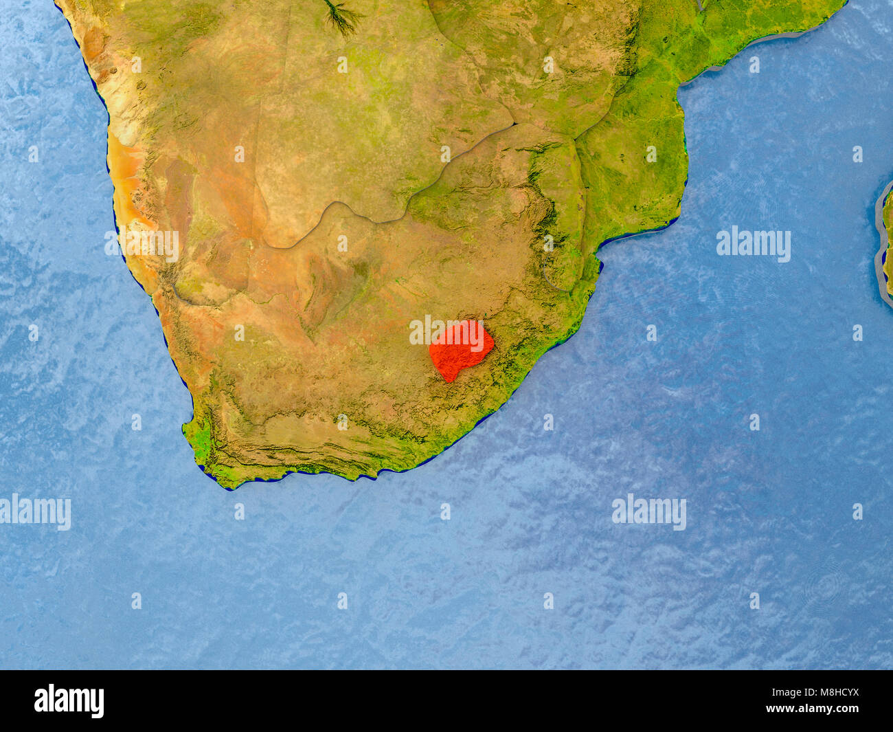 Lesotho in red on realistic map with embossed countries. 3D ...