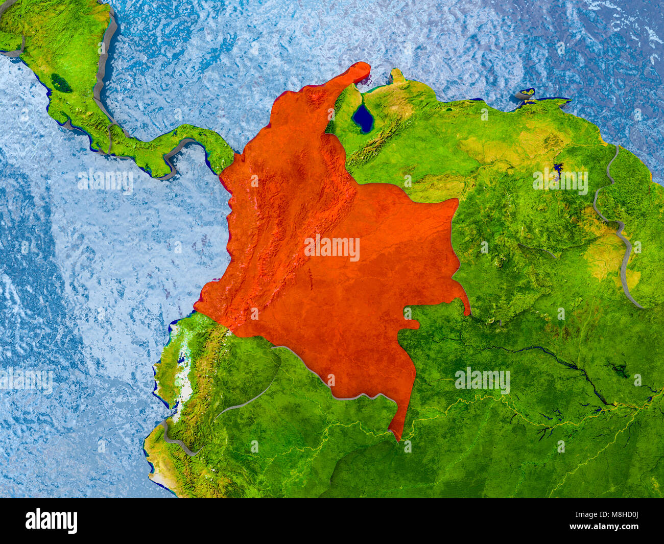 Colombia in red on realistic map with embossed countries. 3D ...