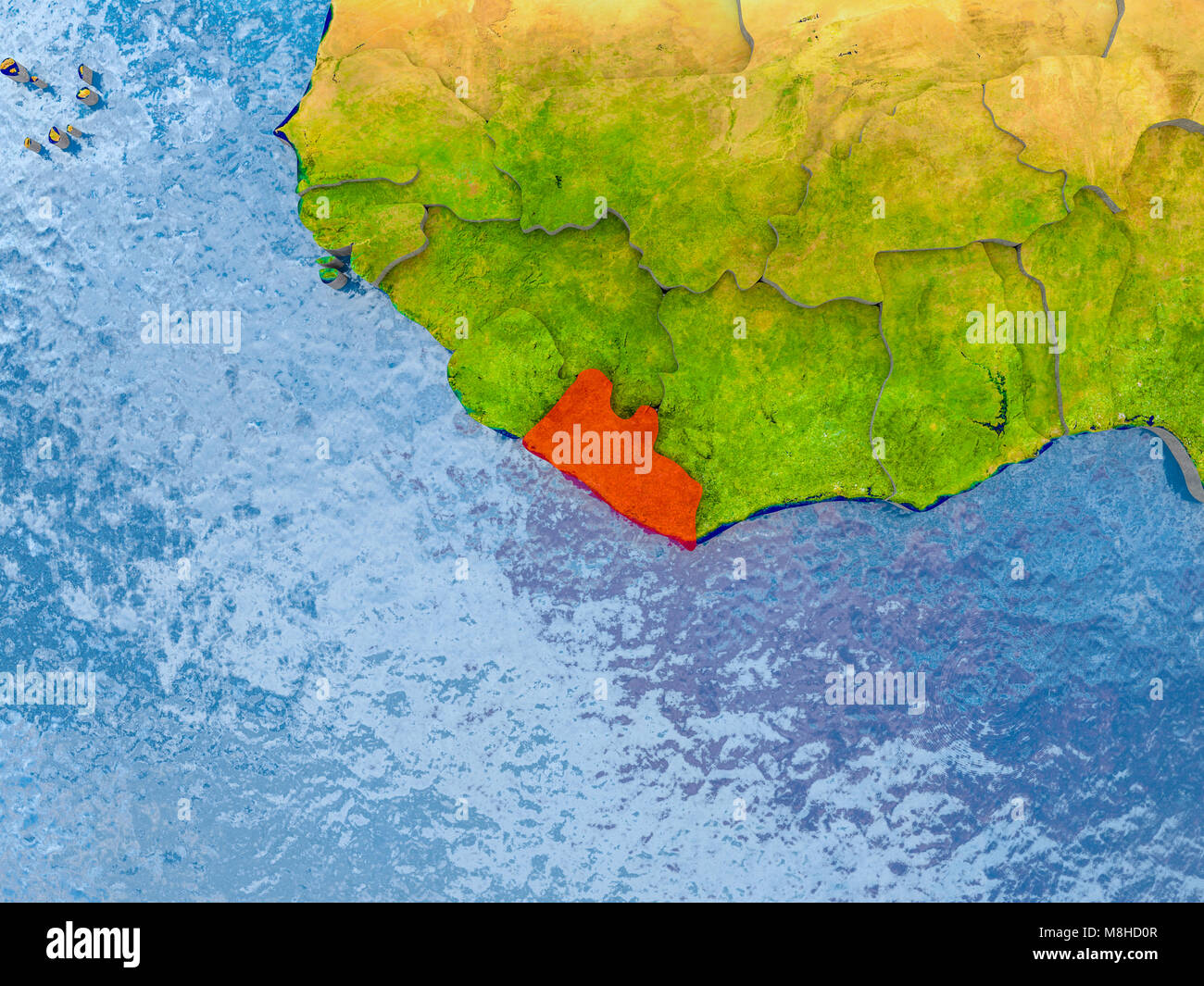 Liberia in red on realistic map with embossed countries. 3D ...