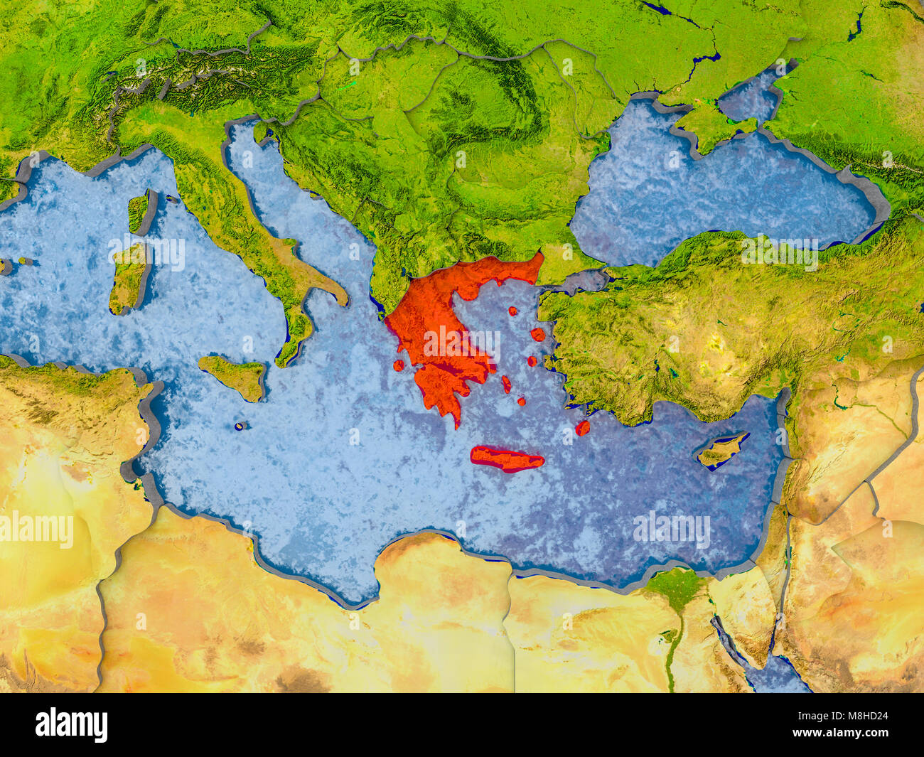 Greece in red on realistic map with embossed countries. 3D illustration ...