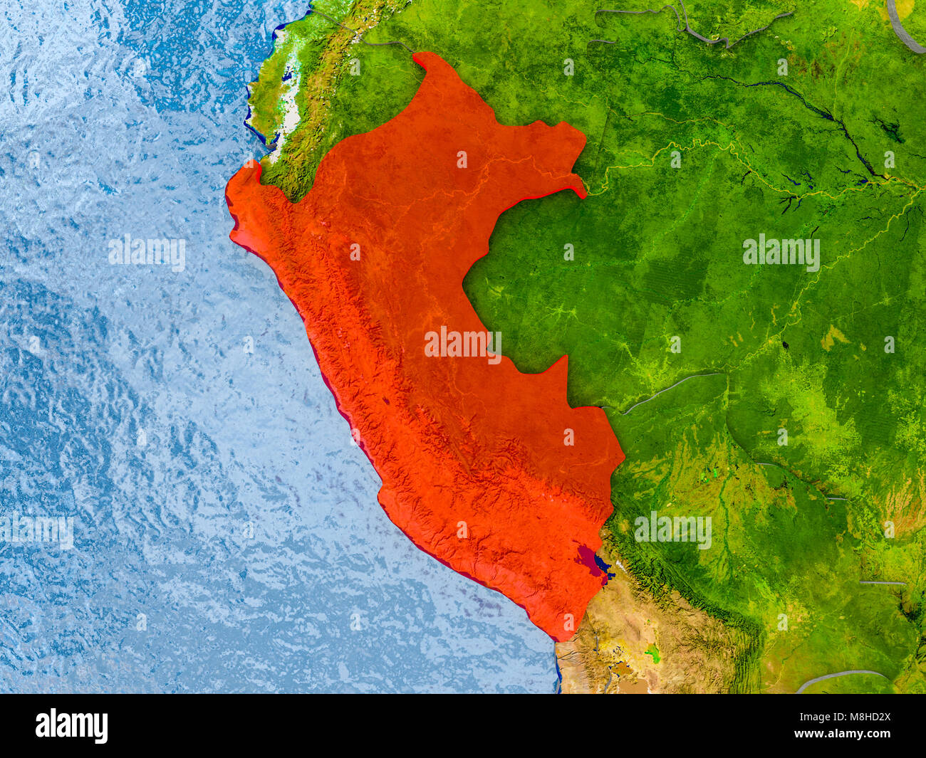 Peru in red on realistic map with embossed countries. 3D illustration ...