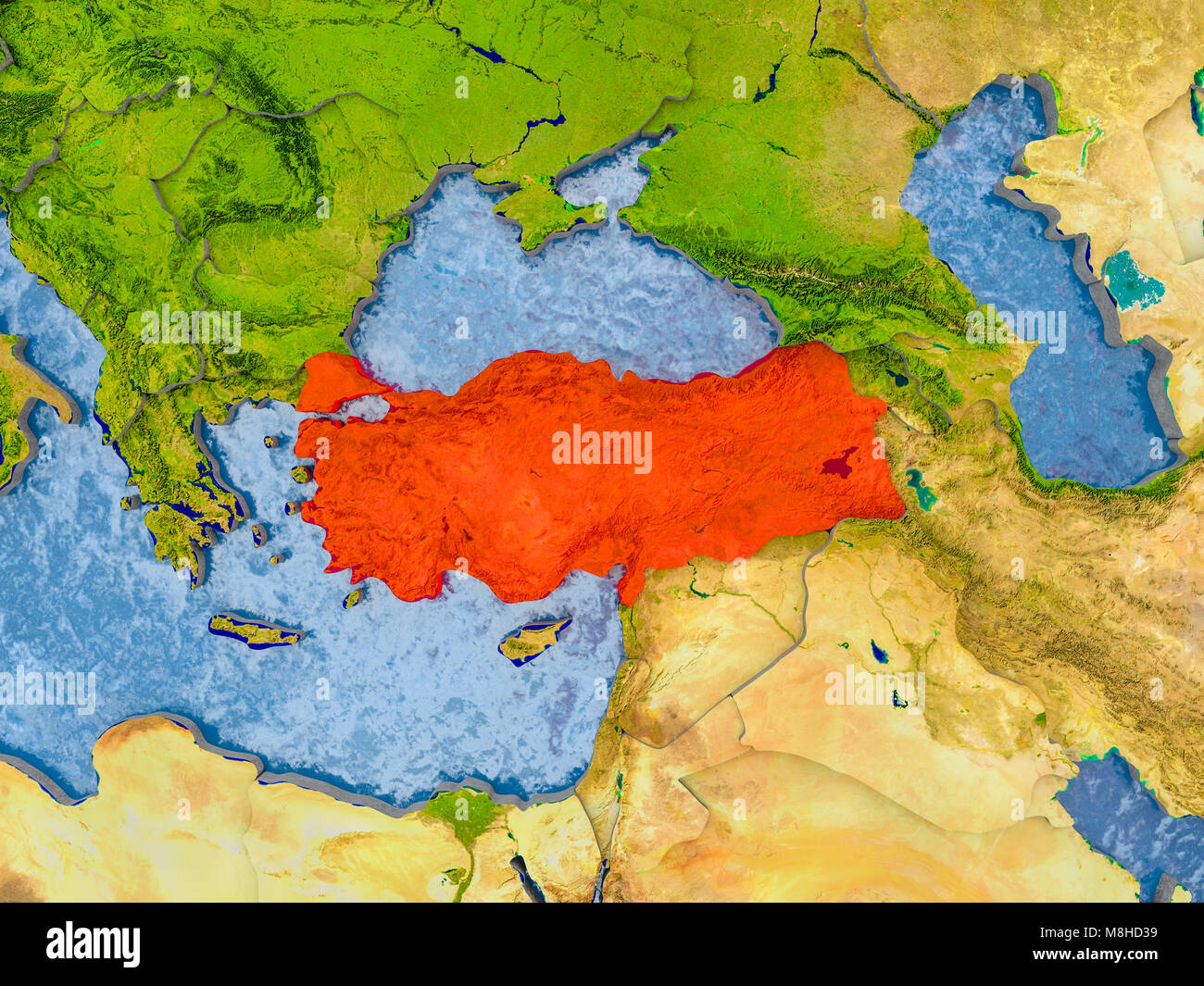Turkey in red on realistic map with embossed countries. 3D illustration ...