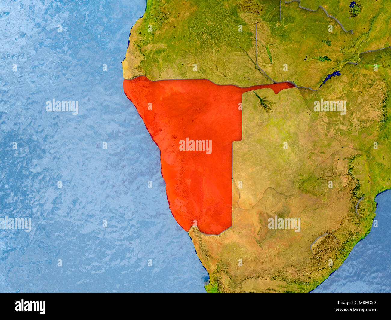Namibia in red on realistic map with embossed countries. 3D ...