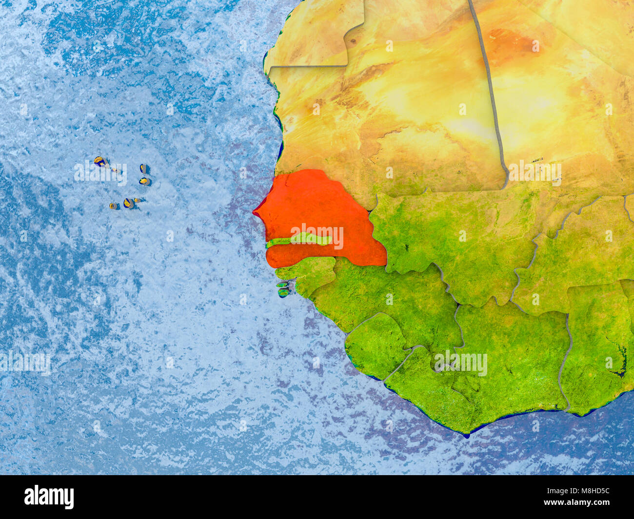 Senegal in red on realistic map with embossed countries. 3D ...