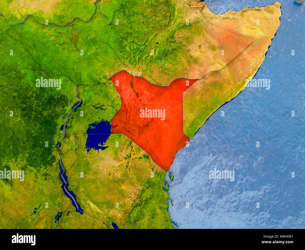 Kenya in red on realistic map with embossed countries. 3D illustration ...