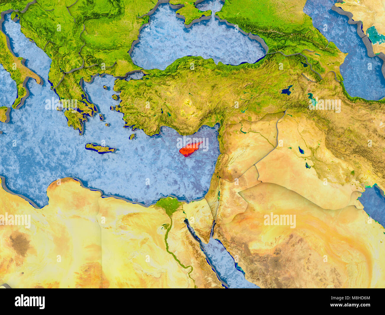 Cyprus in red on realistic map with embossed countries. 3D illustration ...