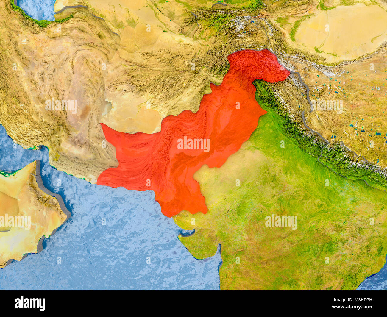 Pakistan in red on realistic map with embossed countries. 3D ...