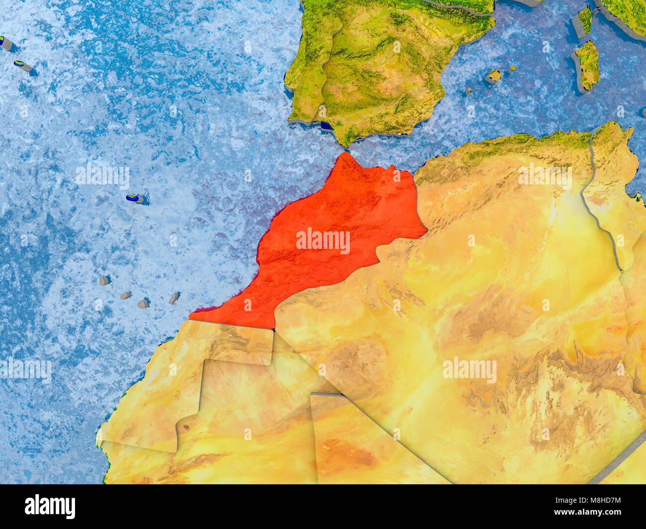Morocco in red on realistic map with embossed countries. 3D ...