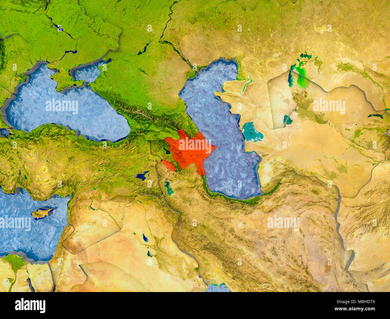 Azerbaijan in red on realistic map with embossed countries. 3D ...