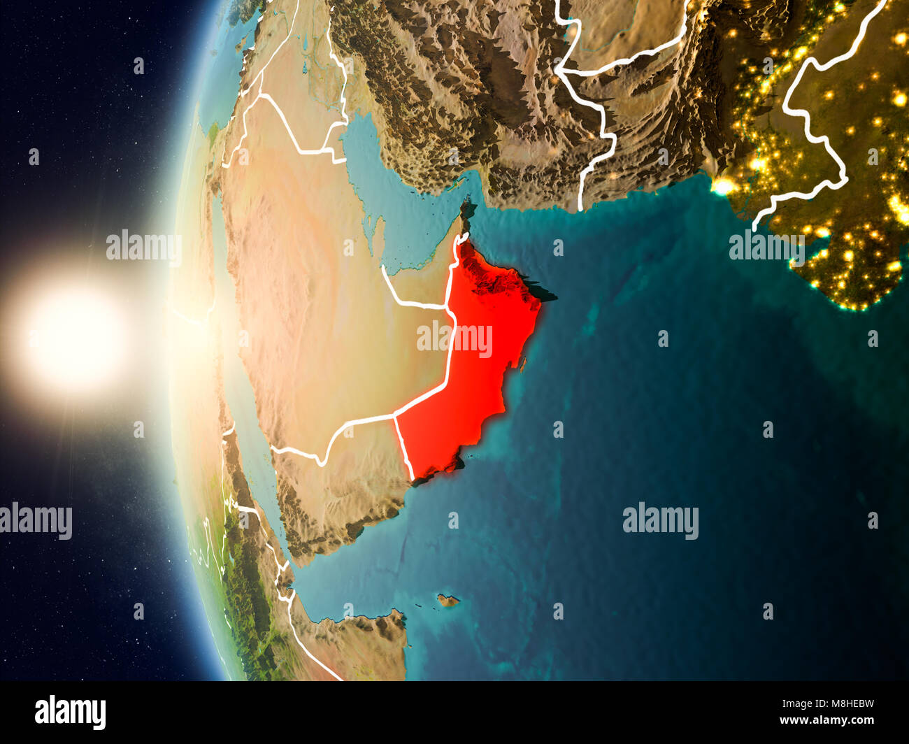Illustration of Oman as seen from Earth’s orbit during sunset with ...