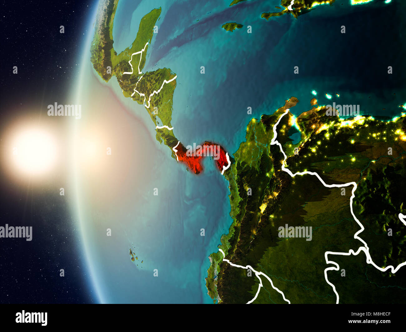 Illustration of Panama as seen from Earth’s orbit during sunset with ...