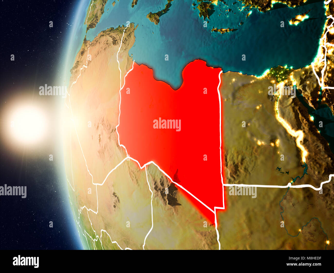 Illustration of Libya as seen from Earth’s orbit during sunset with ...