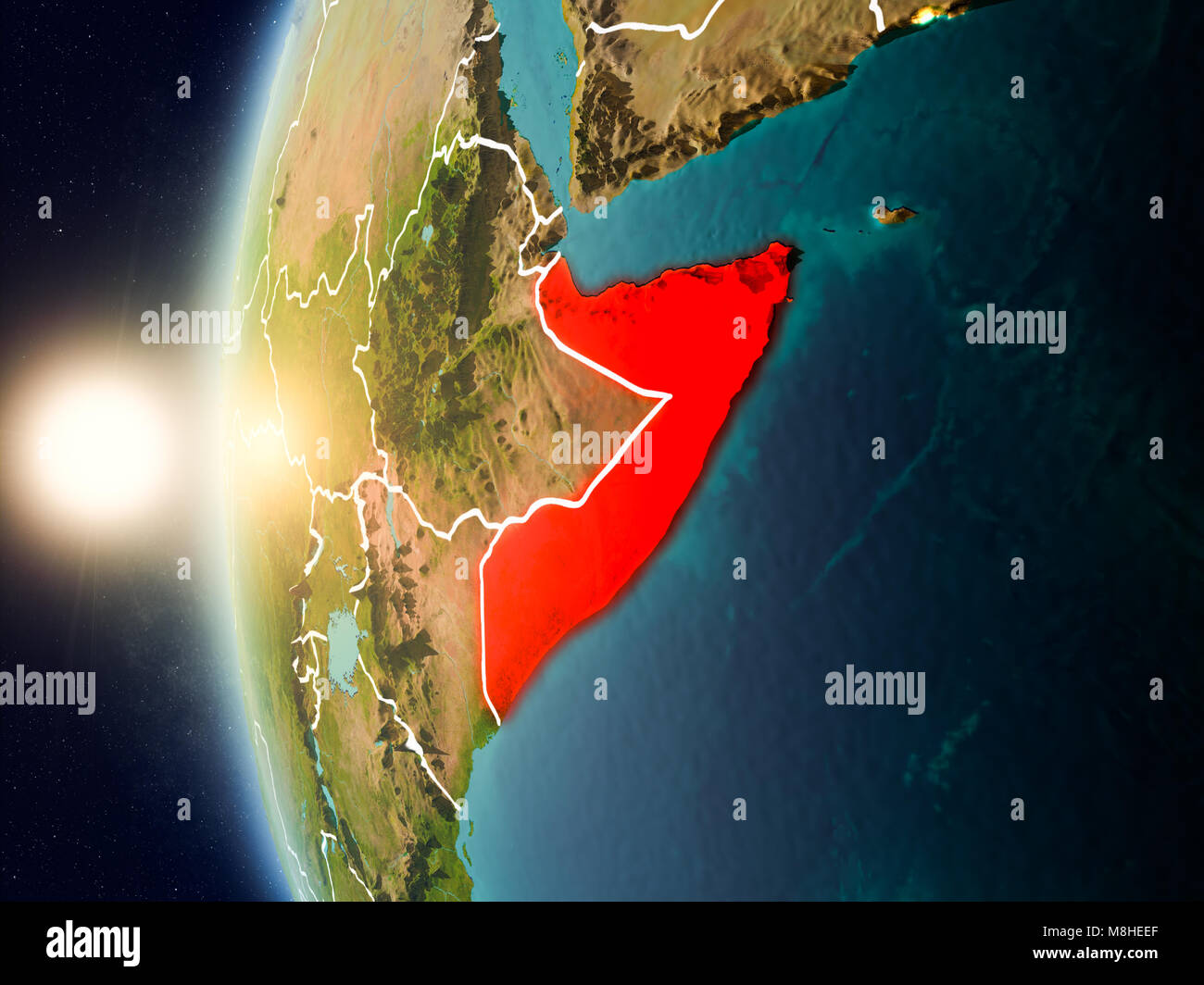 Illustration of Somalia as seen from Earth’s orbit during sunset with ...