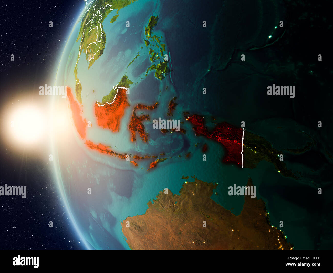 Illustration of Indonesia as seen from Earth’s orbit during sunset with ...