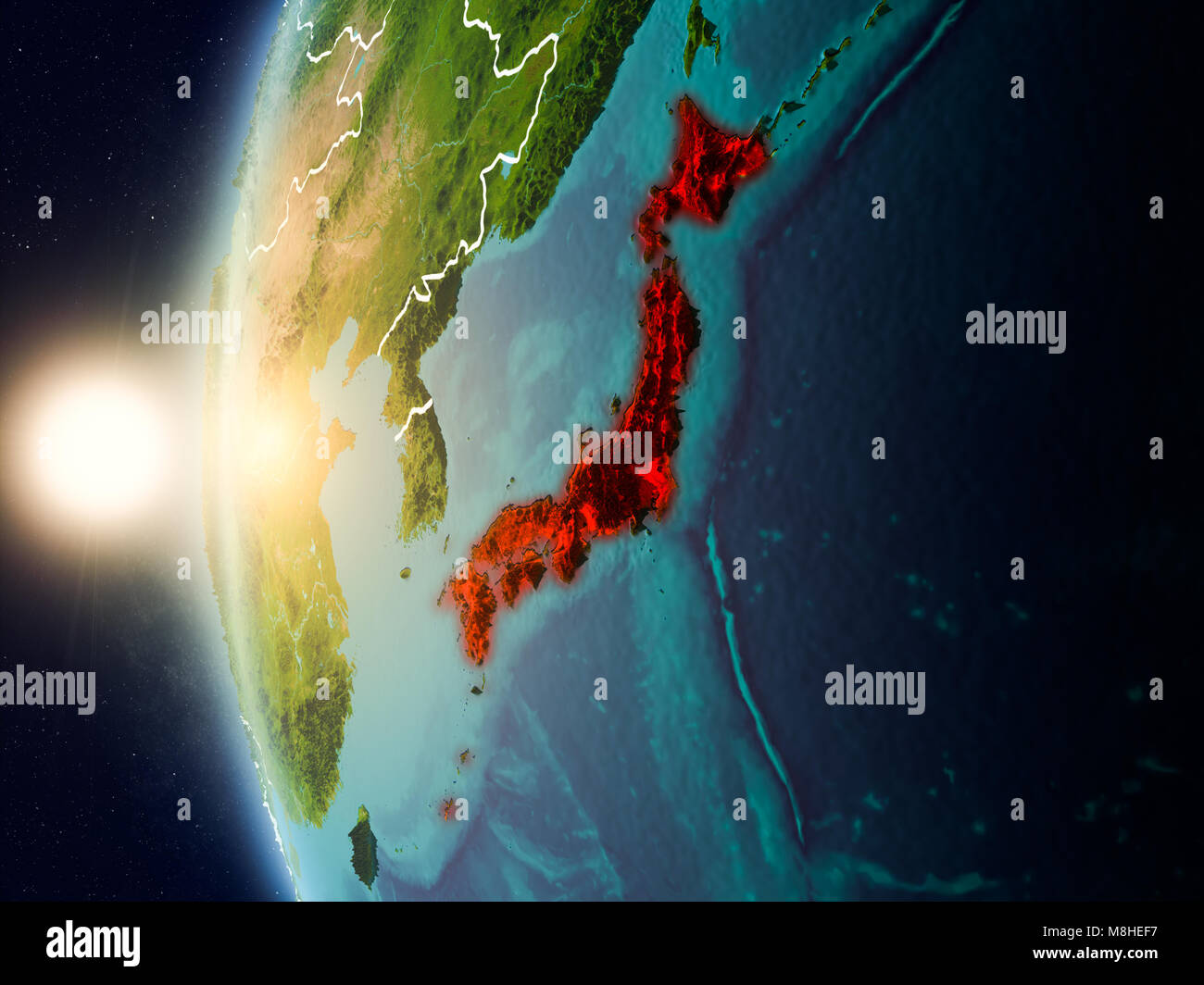 Illustration of Japan as seen from Earth’s orbit during sunset with ...