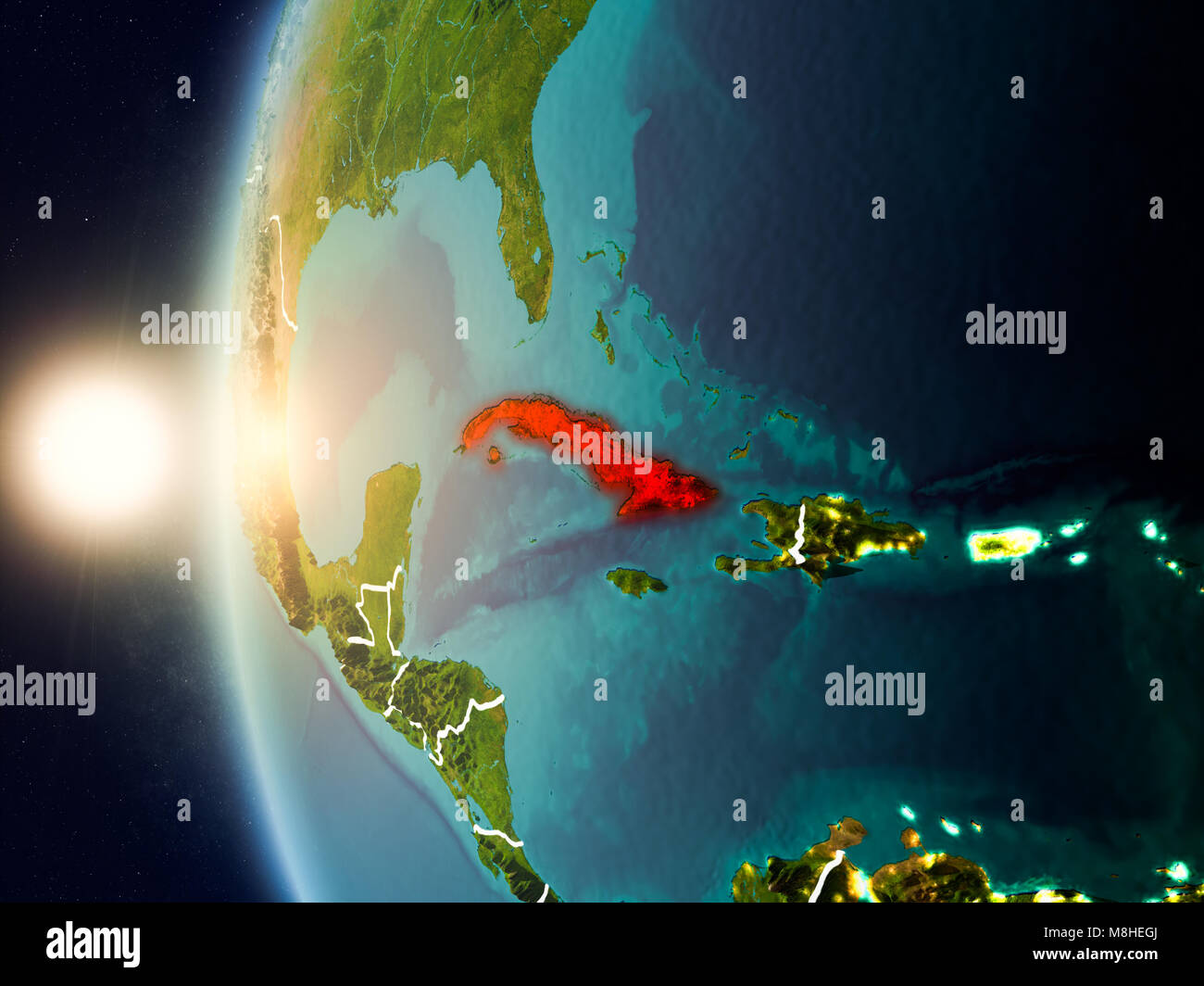 Illustration of Cuba as seen from Earth’s orbit during sunset with ...