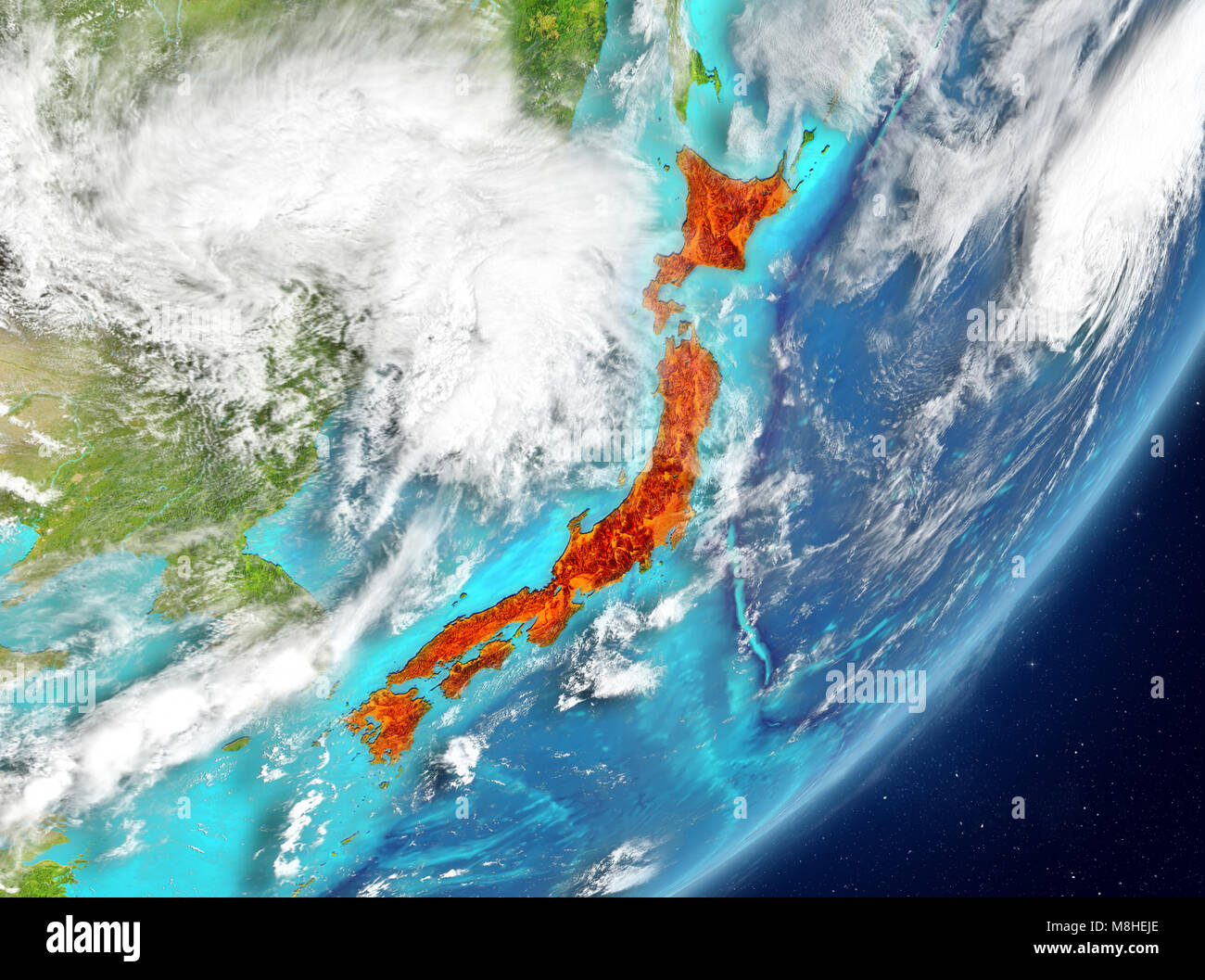 Satellite view of Japan highlighted in red on planet Earth with clouds ...