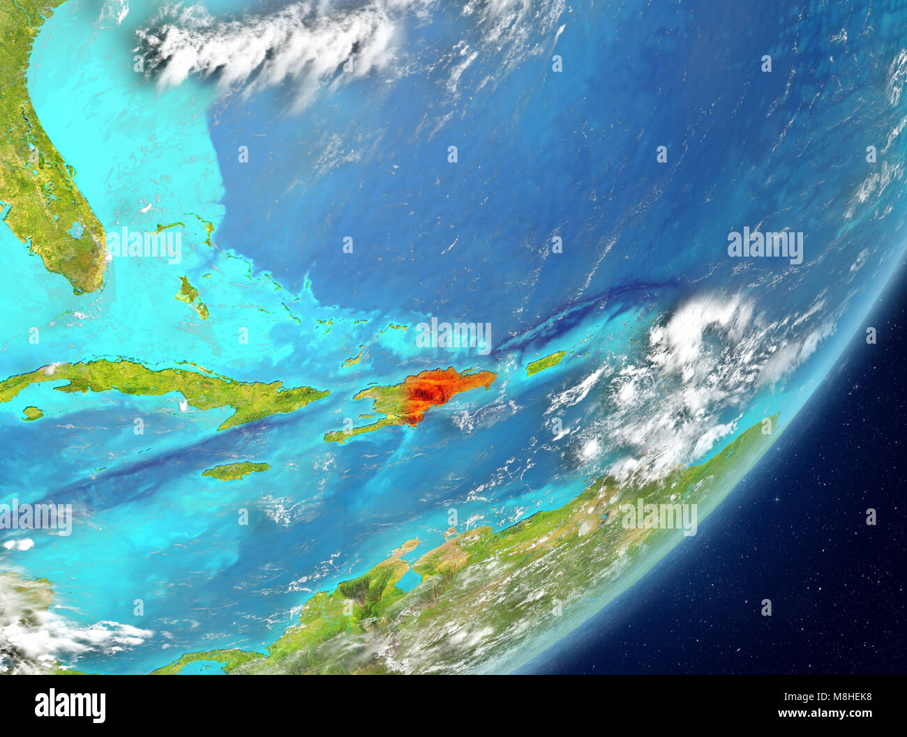 Satellite view of Dominican Republic highlighted in red on planet Earth ...